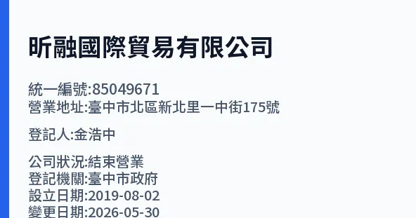 昕融國際貿易有限公司的照片-統編 85049671(臺中市) 公司登記資料與營業項目詳細圖表
