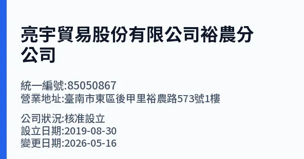 亮宇貿易股份有限公司裕農分公司的照片-統編 85050867(臺南市) 公司登記資料與營業項目詳細圖表