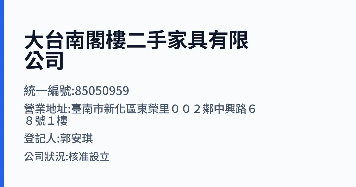 大台南閣樓二手家具有限公司 - 統編 85050959(臺南市) 公司登記資料與營業項目詳細圖表