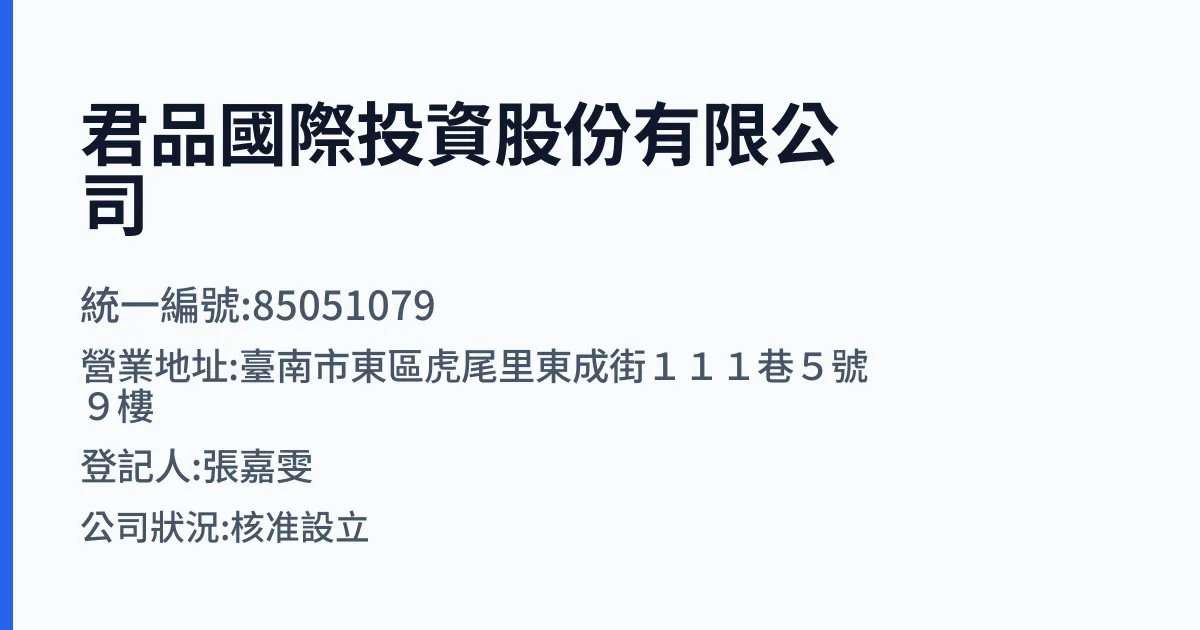 君品國際投資股份有限公司 - 統編 85051079(臺南市) 公司登記資料與營業項目詳細圖表