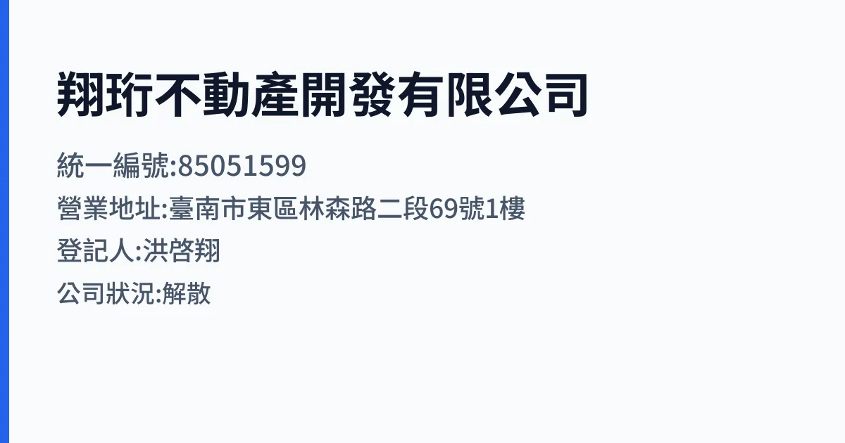 翔珩不動產開發有限公司 - 統編 85051599(臺南市) 公司登記資料與營業項目詳細圖表