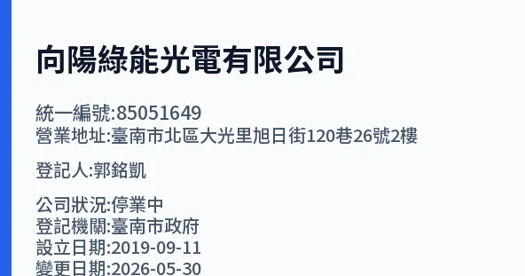 向陽綠能光電有限公司的照片-統編 85051649(臺南市) 公司登記資料與營業項目詳細圖表
