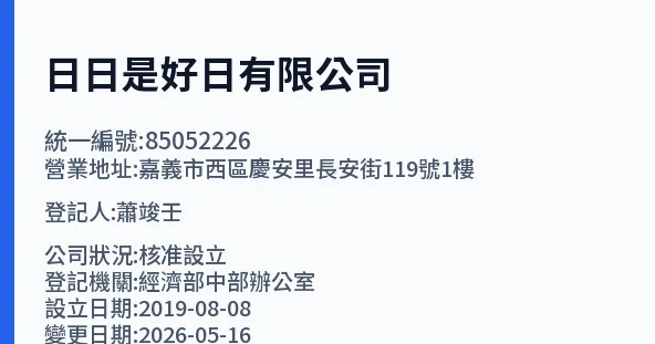 日日是好日有限公司的照片-統編 85052226(嘉義市) 公司登記資料與營業項目詳細圖表