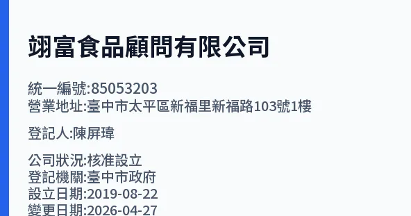 翊富食品顧問有限公司的照片-統編 85053203(臺中市) 公司登記資料與營業項目詳細圖表