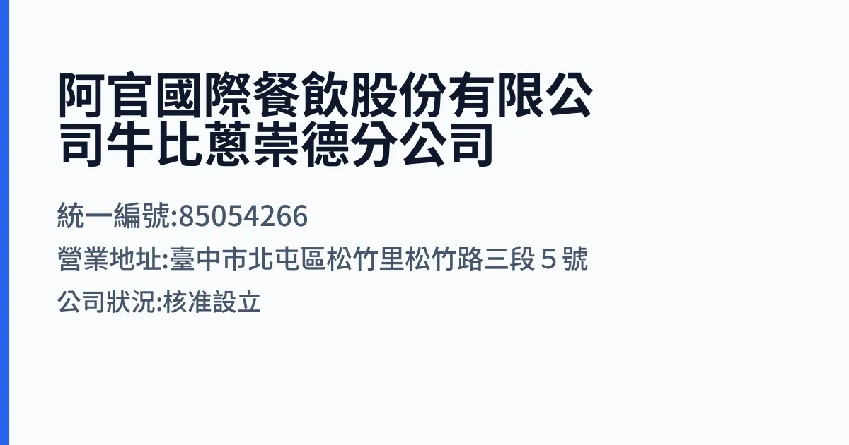 阿官國際餐飲股份有限公司牛比蔥崇德分公司 - 統編 85054266(臺中市) 公司登記資料與營業項目詳細圖表