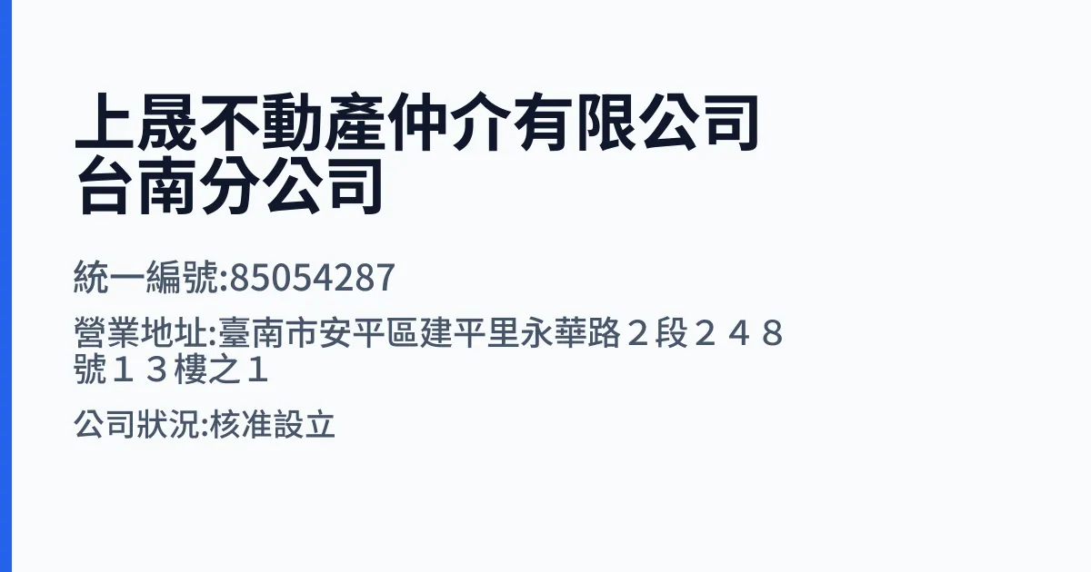 上晟不動產仲介有限公司台南分公司 - 統編 85054287(臺南市) 公司登記資料與營業項目詳細圖表