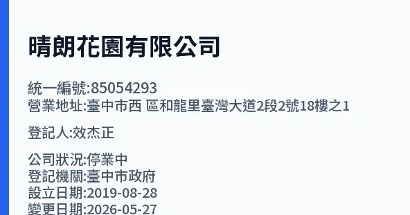 晴朗花園有限公司的照片-統編 85054293(臺中市) 公司登記資料與營業項目詳細圖表
