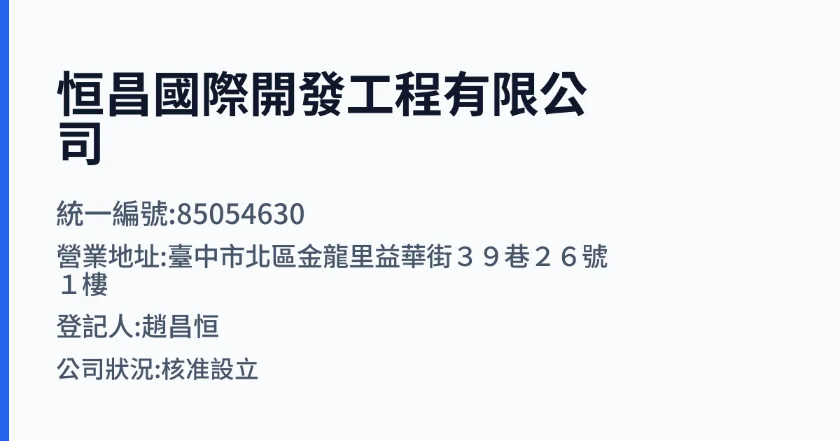 恒昌國際開發工程有限公司 - 統編 85054630(臺中市) 公司登記資料與營業項目詳細圖表