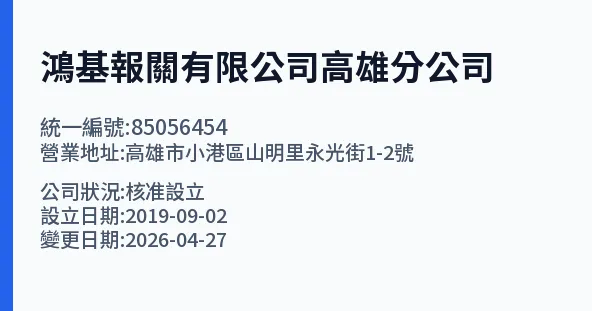 鴻基報關有限公司高雄分公司的照片-統編 85056454(高雄市) 公司登記資料與營業項目詳細圖表