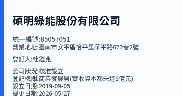 碩明綠能股份有限公司的照片-統編 85057051(臺南市) 公司登記資料與營業項目詳細圖表