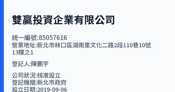 雙贏投資企業有限公司的照片-統編 85057616(新北市) 公司登記資料與營業項目詳細圖表