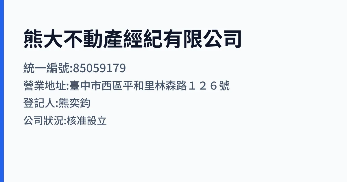 熊大不動產經紀有限公司 - 統編 85059179(臺中市) 公司登記資料與營業項目詳細圖表