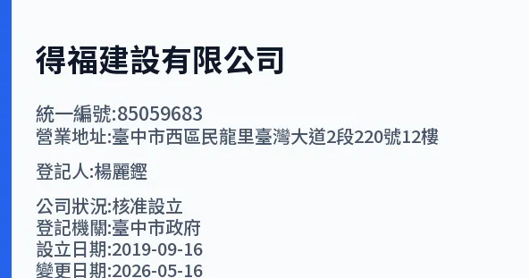 得福建設有限公司的照片-統編 85059683(臺中市) 公司登記資料與營業項目詳細圖表