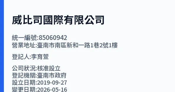 威比司國際有限公司的照片-統編 85060942(臺南市) 公司登記資料與營業項目詳細圖表