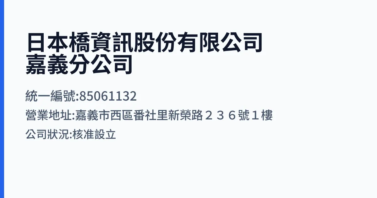 日本橋資訊股份有限公司嘉義分公司 - 統編 85061132(嘉義市) 公司登記資料與營業項目詳細圖表