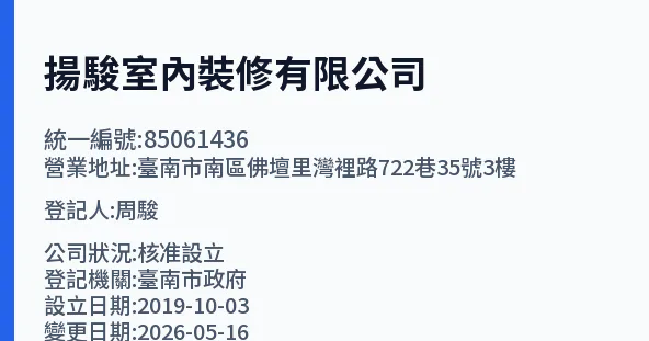 揚駿室內裝修有限公司的照片-統編 85061436(臺南市) 公司登記資料與營業項目詳細圖表