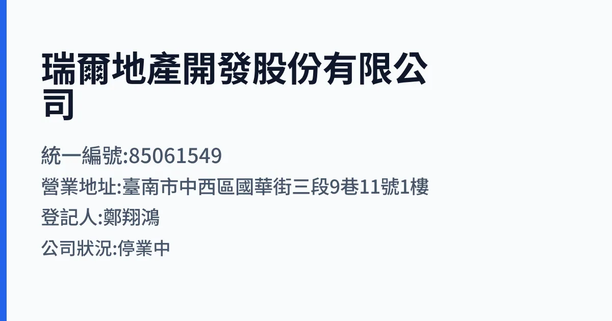 瑞爾地產開發股份有限公司 - 統編 85061549(臺南市) 公司登記資料與營業項目詳細圖表