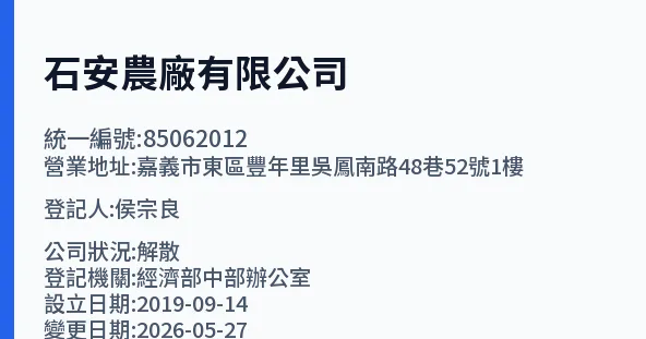 石安農廠有限公司的照片-統編 85062012(嘉義市) 公司登記資料與營業項目詳細圖表