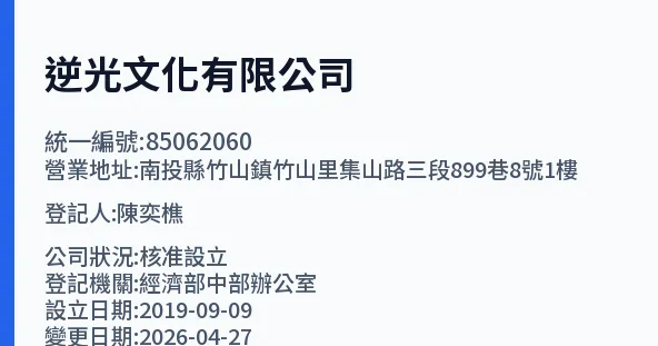 逆光文化有限公司的照片-統編 85062060(南投縣) 公司登記資料與營業項目詳細圖表
