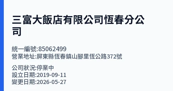 三富大飯店有限公司恆春分公司的照片-統編 85062499(屏東縣) 公司登記資料與營業項目詳細圖表