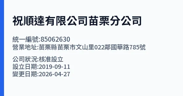 祝順達有限公司苗栗分公司的照片-統編 85062630(苗栗縣) 公司登記資料與營業項目詳細圖表