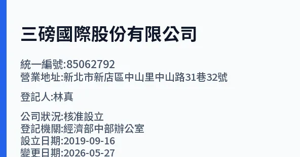三磅國際股份有限公司的照片-統編 85062792(新北市) 公司登記資料與營業項目詳細圖表