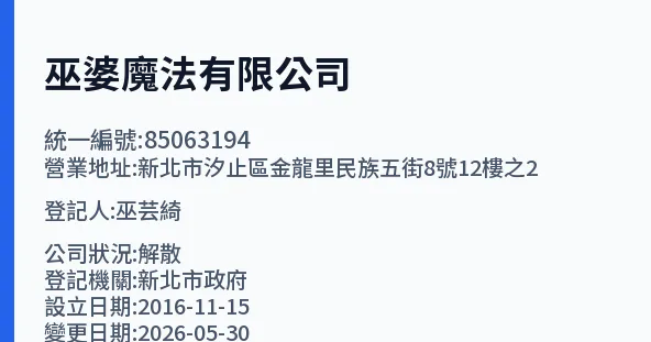 巫婆魔法有限公司的照片-統編 85063194(新北市) 公司登記資料與營業項目詳細圖表