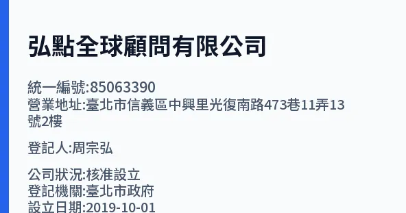 弘點全球顧問有限公司的照片-統編 85063390(臺北市) 公司登記資料與營業項目詳細圖表