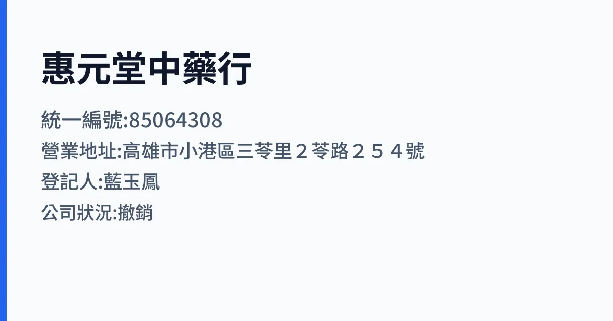惠元堂中藥行 - 統編 85064308(高雄市) 公司登記資料與營業項目詳細圖表