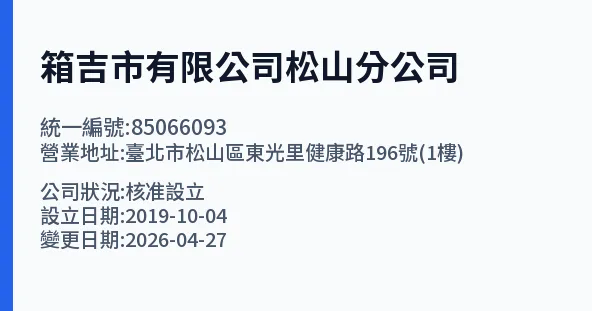 箱吉市有限公司松山分公司的照片-統編 85066093(臺北市) 公司登記資料與營業項目詳細圖表