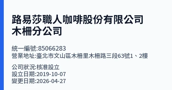 路易莎職人咖啡股份有限公司木柵分公司的照片-統編 85066283(臺北市) 公司登記資料與營業項目詳細圖表