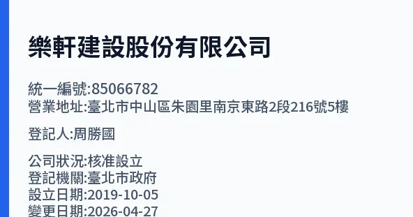 樂軒建設股份有限公司的照片-統編 85066782(臺北市) 公司登記資料與營業項目詳細圖表