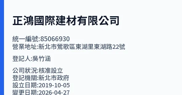 正鴻國際建材有限公司的照片-統編 85066930(新北市) 公司登記資料與營業項目詳細圖表