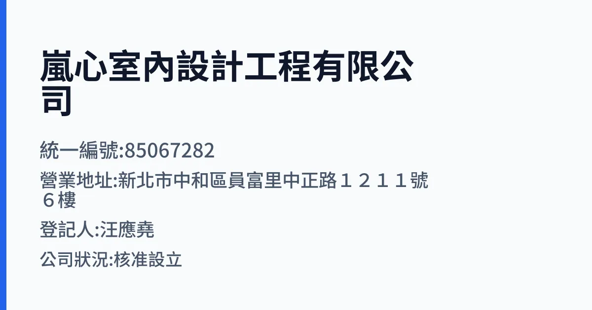 嵐心室內設計工程有限公司 - 統編 85067282(新北市) 公司登記資料與營業項目詳細圖表