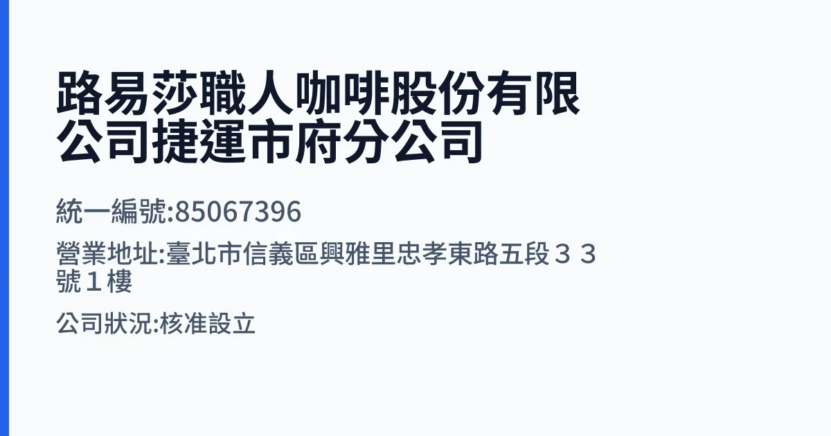 路易莎職人咖啡股份有限公司捷運市府分公司 - 統編 85067396(臺北市) 公司登記資料與營業項目詳細圖表