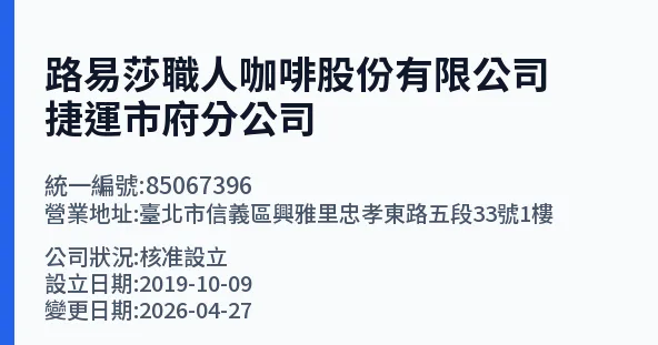 路易莎職人咖啡股份有限公司捷運市府分公司的照片-統編 85067396(臺北市) 公司登記資料與營業項目詳細圖表