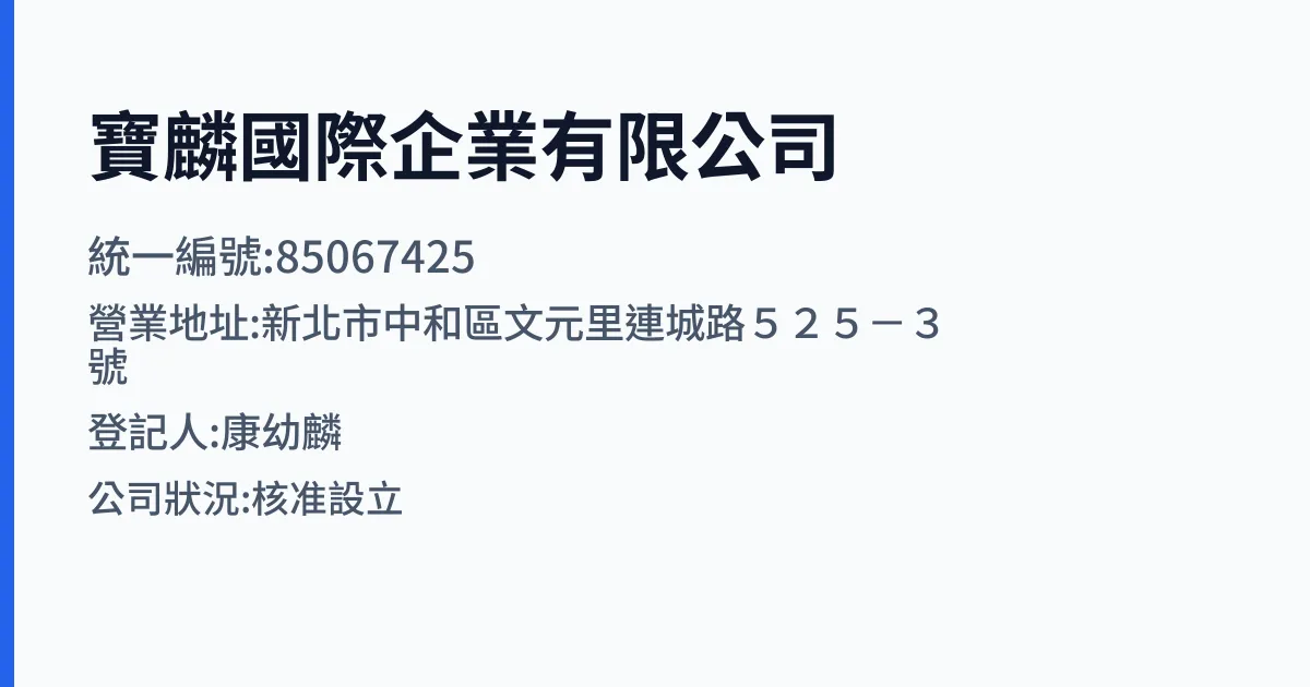 寶麟國際企業有限公司 - 統編 85067425(新北市) 公司登記資料與營業項目詳細圖表