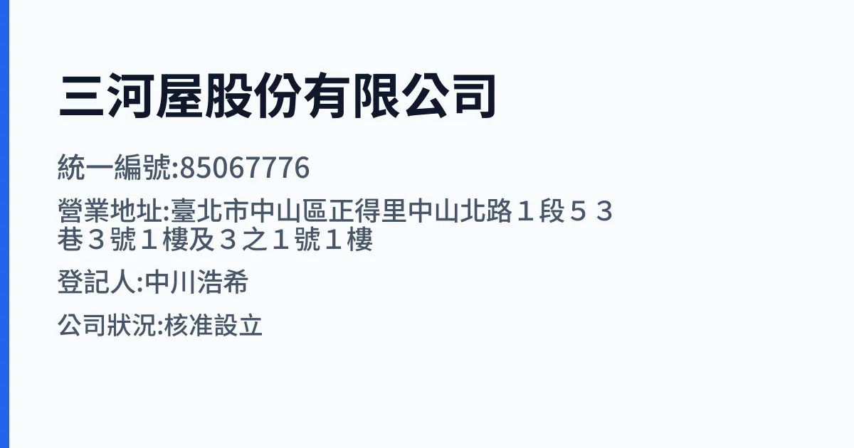 三河屋股份有限公司 - 統編 85067776(臺北市) 公司登記資料與營業項目詳細圖表