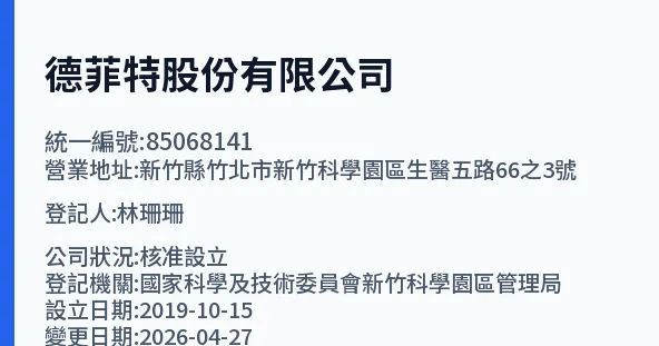 德菲特股份有限公司的照片-統編 85068141(新竹縣) 公司登記資料與營業項目詳細圖表
