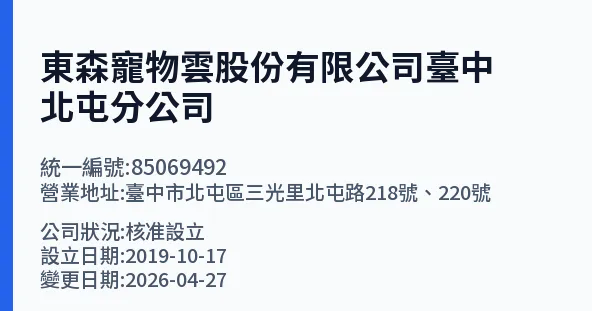 東森寵物雲股份有限公司臺中北屯分公司的照片-統編 85069492(臺中市) 公司登記資料與營業項目詳細圖表