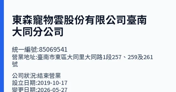 東森寵物雲股份有限公司臺南大同分公司的照片-統編 85069541(臺南市) 公司登記資料與營業項目詳細圖表