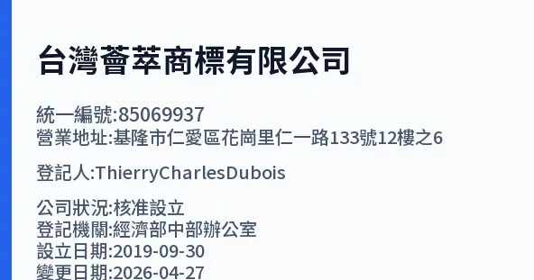 台灣薈萃商標有限公司的照片-統編 85069937(基隆市) 公司登記資料與營業項目詳細圖表