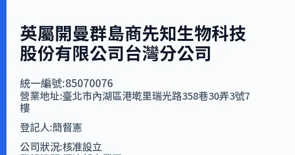 英屬開曼群島商先知生物科技股份有限公司台灣分公司的照片-統編 85070076(臺北市) 公司登記資料與營業項目詳細圖表