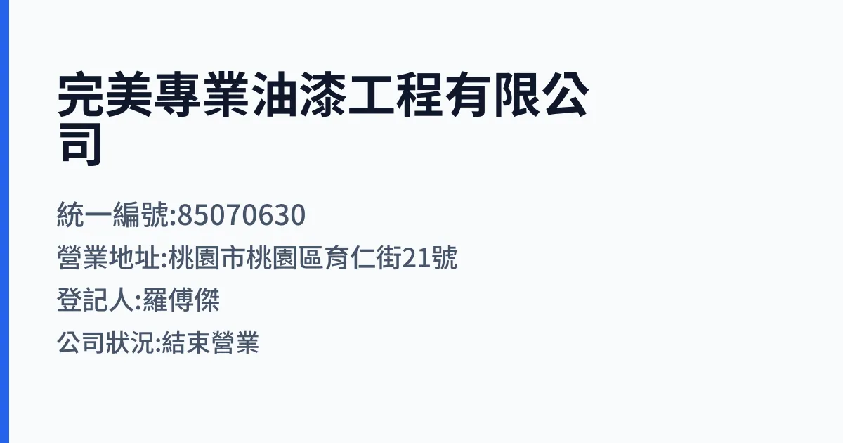 完美專業油漆工程有限公司 - 統編 85070630(桃園市) 公司登記資料與營業項目詳細圖表