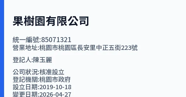 果樹園有限公司的照片-統編 85071321(桃園市) 公司登記資料與營業項目詳細圖表