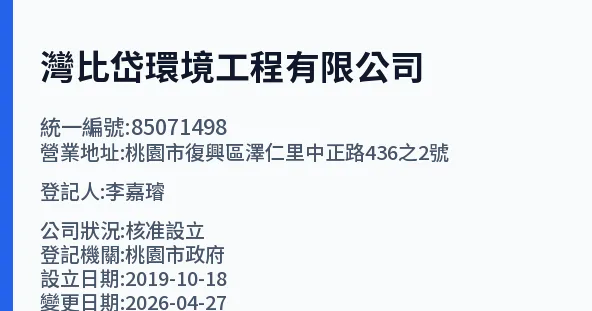 灣比岱環境工程有限公司的照片-統編 85071498(桃園市) 公司登記資料與營業項目詳細圖表