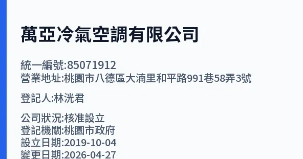 萬亞冷氣空調有限公司的照片-統編 85071912(桃園市) 公司登記資料與營業項目詳細圖表