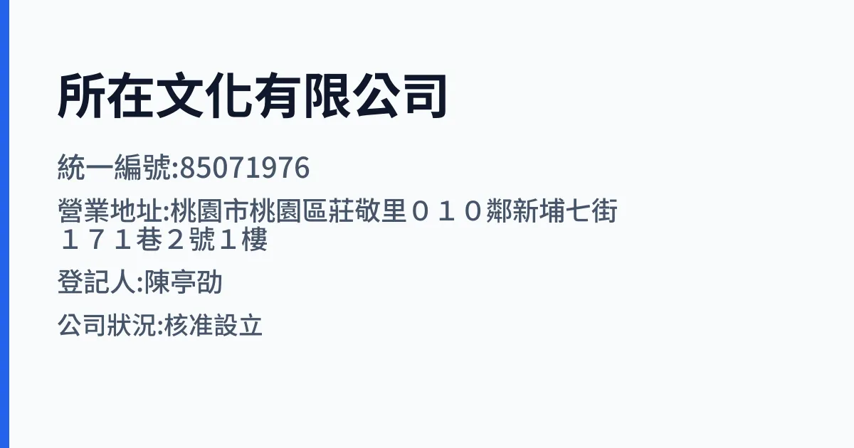 所在文化有限公司 - 統編 85071976（桃園市） 公司登記資料與營業項目詳細圖表
