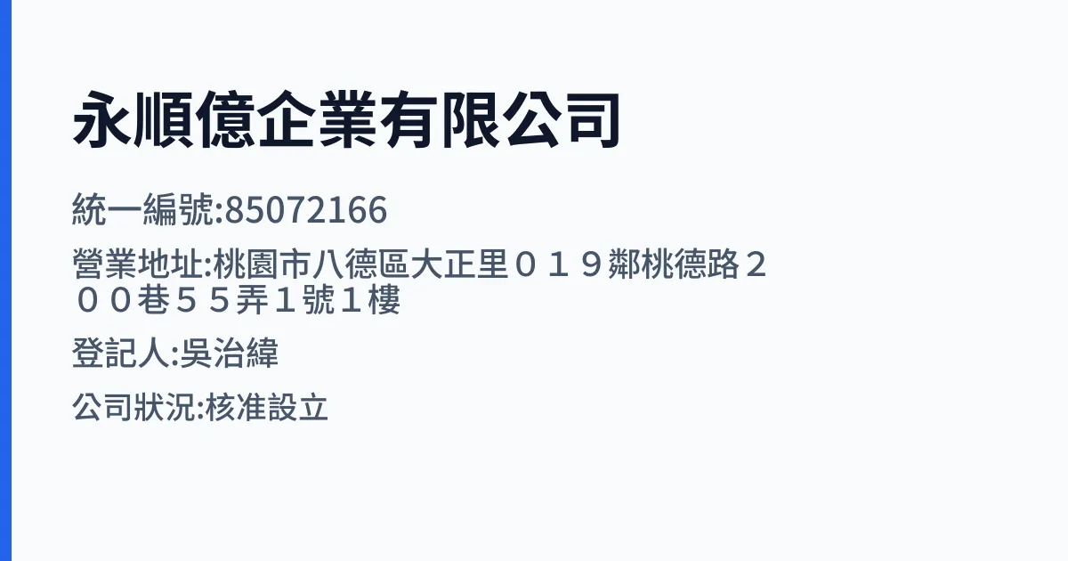 永順億企業有限公司 - 統編 85072166（桃園市） 公司登記資料與營業項目詳細圖表