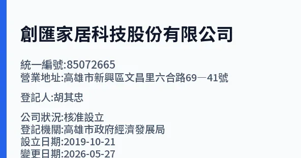 創匯家居科技股份有限公司的照片-統編 85072665(高雄市) 公司登記資料與營業項目詳細圖表